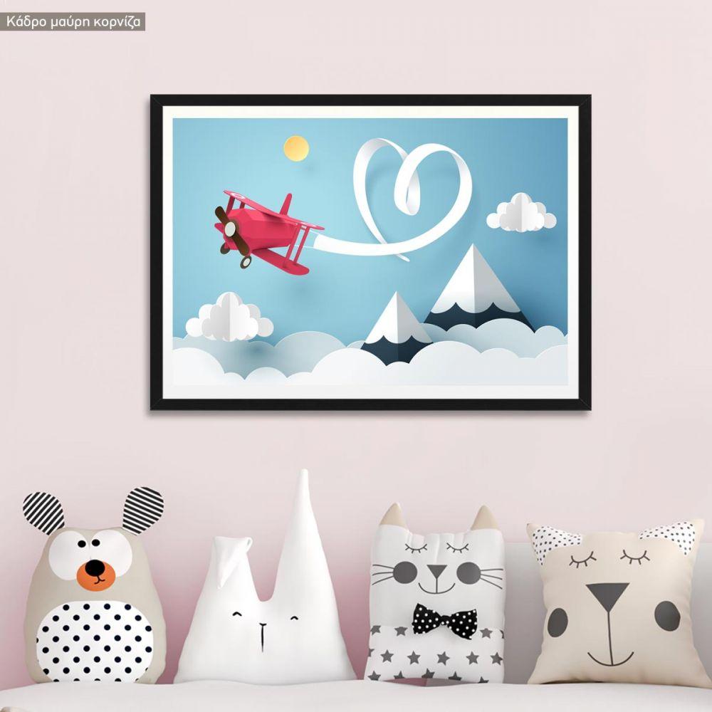 Red plane flying in the sky, poster