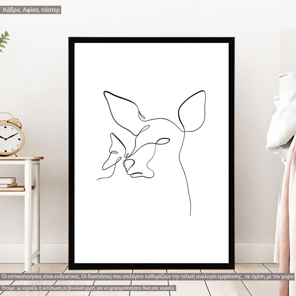 Animals line art, deer with butterfly, poster